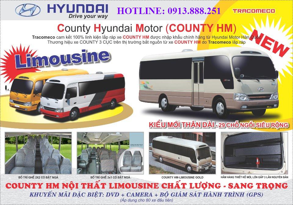 Xe Hyundai County Tracomeco Hàng 3 Cục Thân Dài Nội Thất Limousine