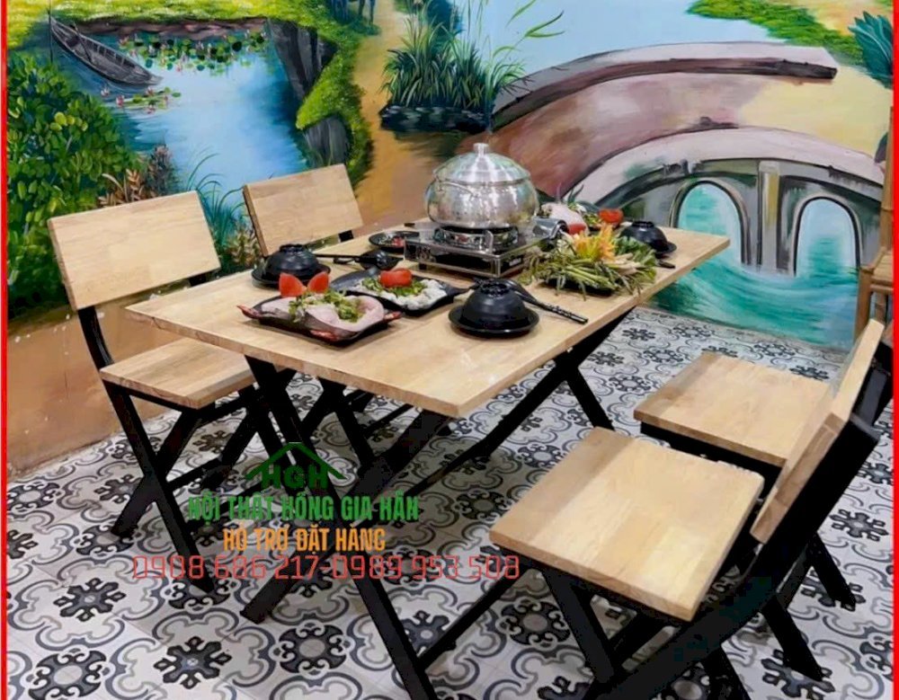 Bàn Ghế Quán Ăn Bằng Gỗ Hồng Gia Hân H1212