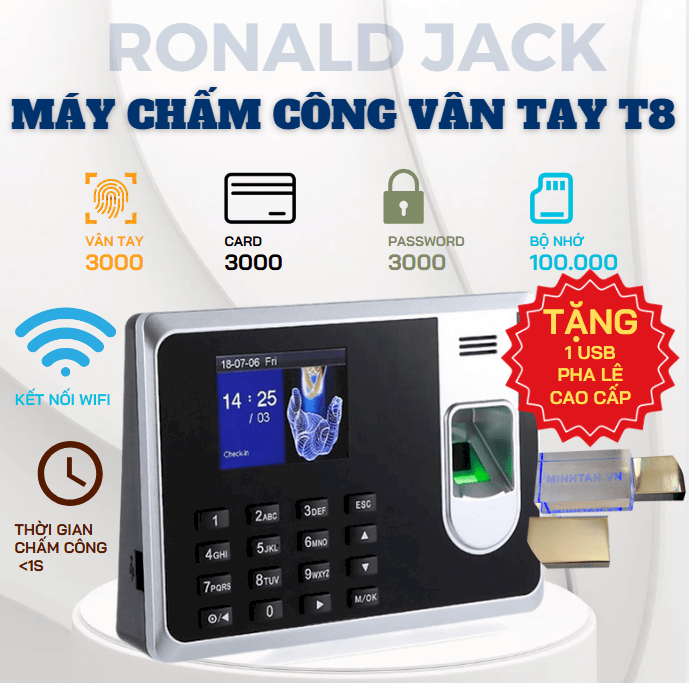 Máy chấm công vân tay, thẻ từ, mật khẩu Ronald Jack T8 Tặng 1 USB pha lê cao cấp giá rẻ nhất ...